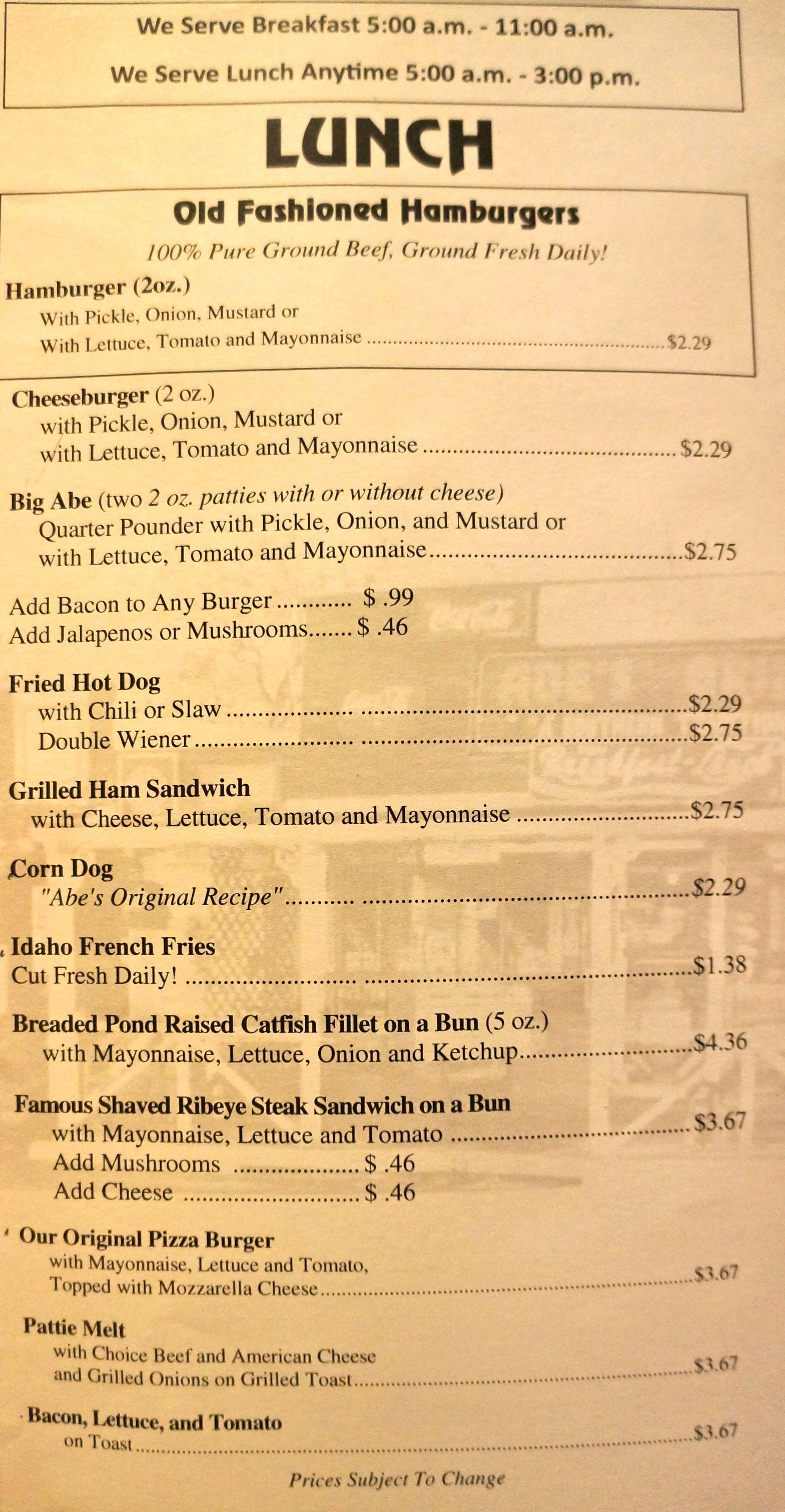 Menu at Abe's Grill BBQ, Corinth, 803 Highway 72 W