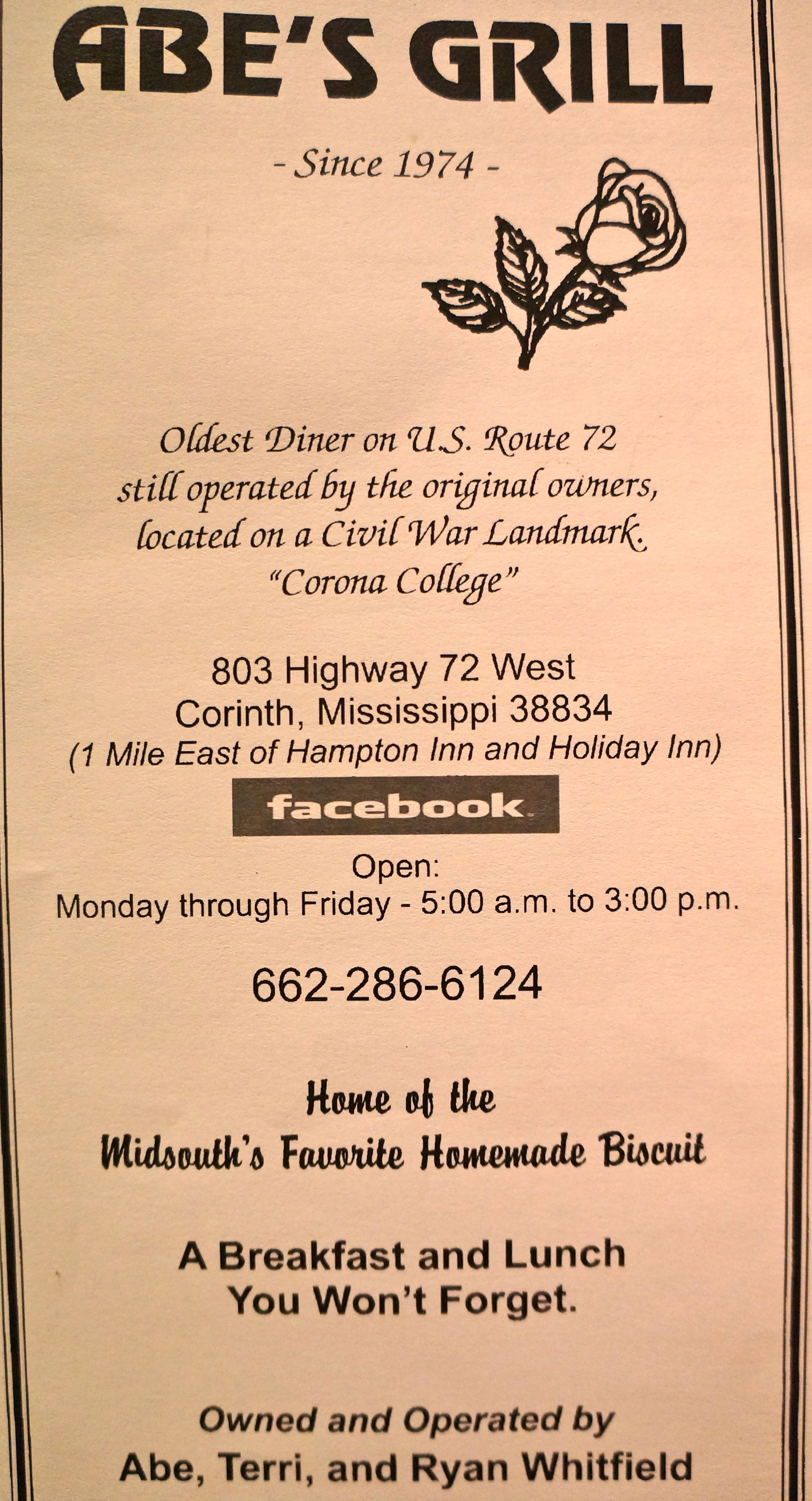 Menu at Abe's Grill BBQ, Corinth, 803 Highway 72 W