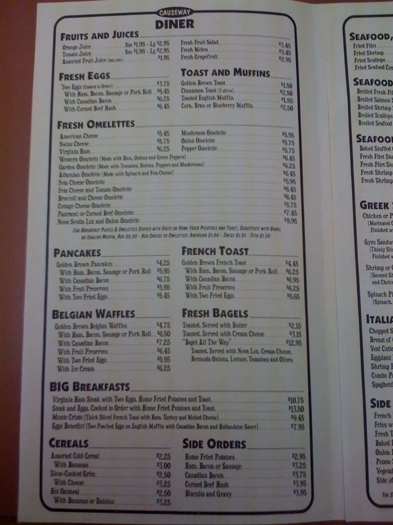 Menu at Causeway Diner restaurant, Merritt Island