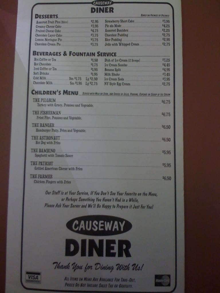 Menu at Causeway Diner restaurant, Merritt Island