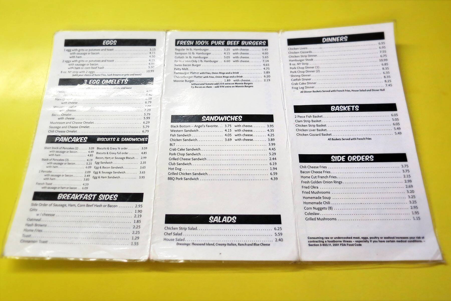 Menu at Angel's Dining Car restaurant, Palatka