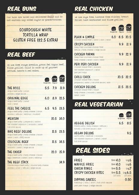 Menu at Burger Edge restaurant, Prestons