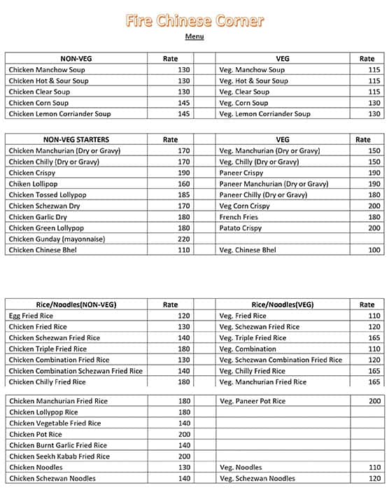 Menu of Fire Chinese Corner, Khar, Mumbai