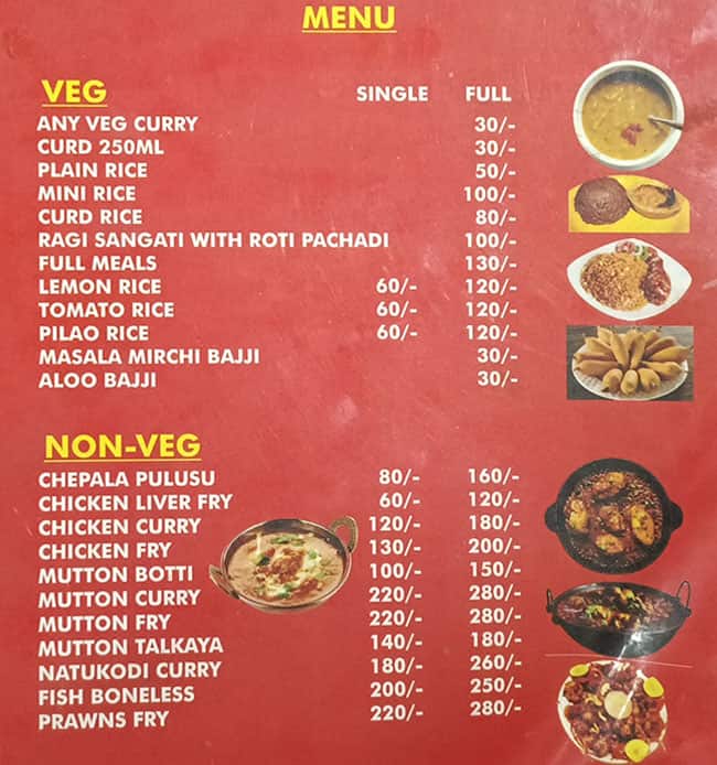 Menu of Vindhu Grand, Yousufguda, Hyderabad
