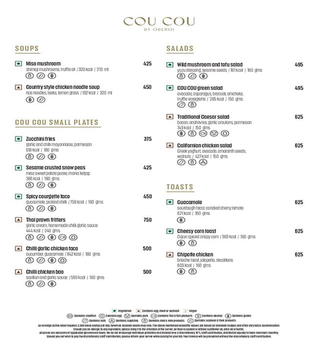 Menu of Cou Cou By Oberoi, Bandra Kurla Complex, Mumbai