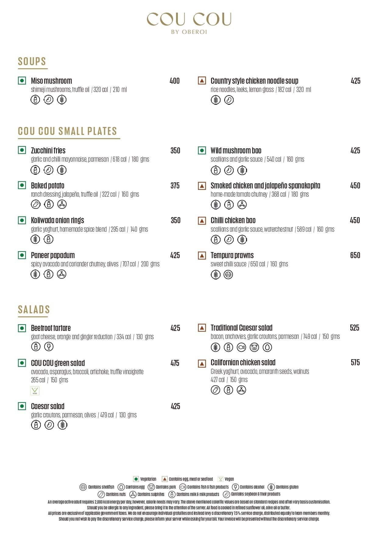Menu of Cou Cou By Oberoi, Bandra Kurla Complex, Mumbai