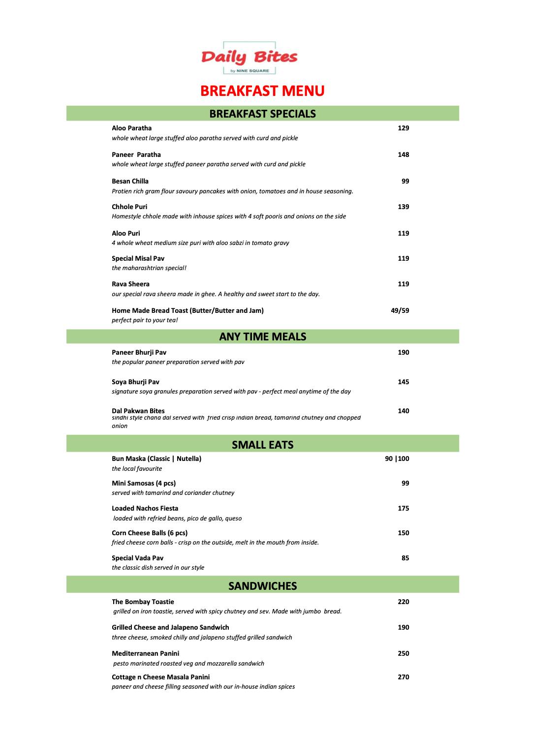Menu of Daily Bites By Nine Square, Pimple Saudagar, Pune