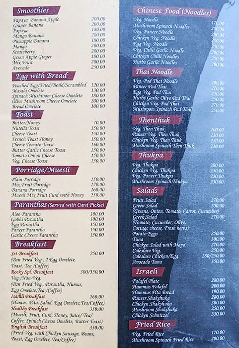 Menu of Rocky's Cafe, Old Manali, Manali