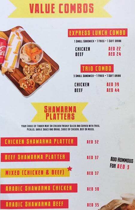 Menu at Shawarma fast food, Dubai, Barsha