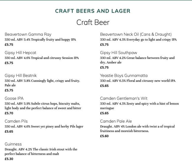 Menu at The Northcote pub & bar, London
