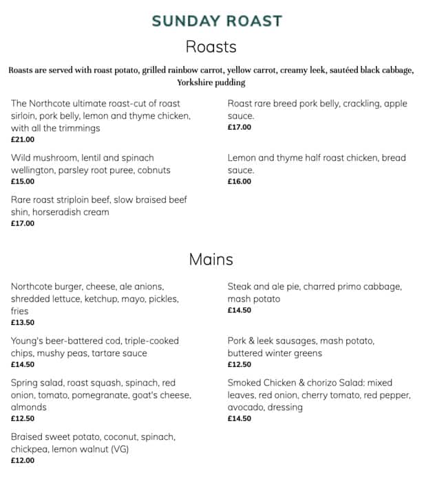 Menu at The Northcote pub & bar, London