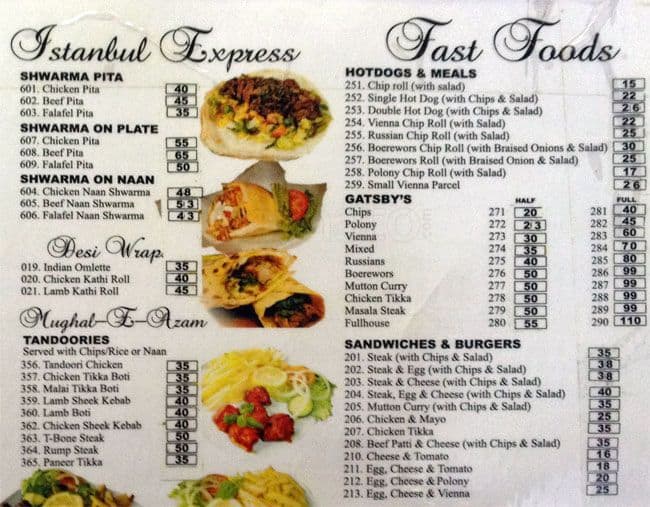 Menu at Food Inn India restaurant, Cape Town, 156 Long St