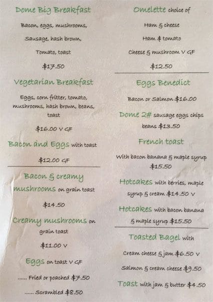 Menu at Top o' the Dome Cafe, Warkworth