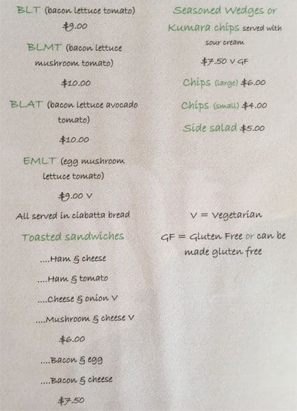 Menu at Dome Cafe, Warkworth