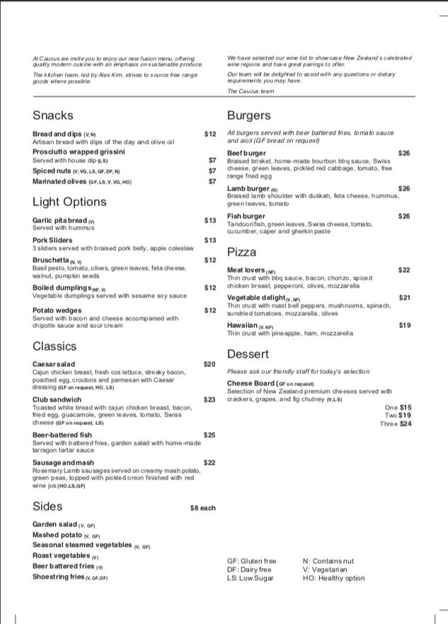 Menu at Caucus Restaurant, Wellington