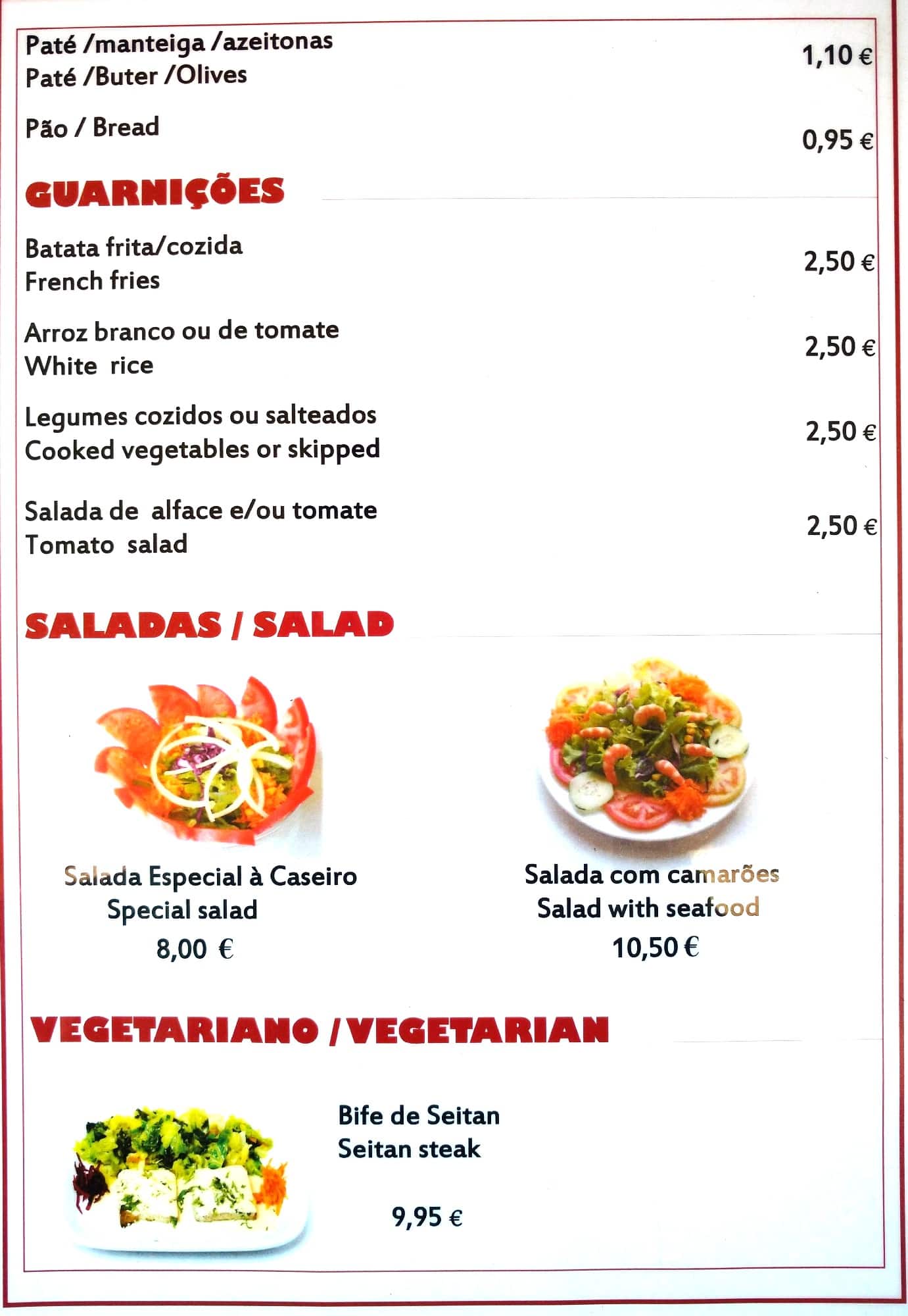 Menu at Caseiro BBQ, Lisbon, R. de Belém 35