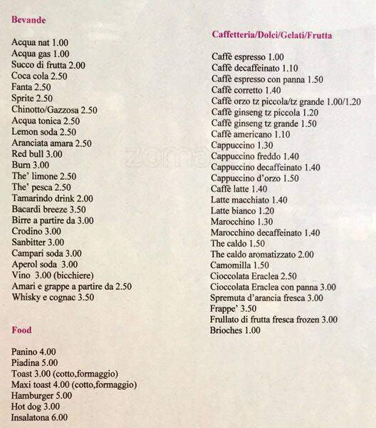 Menu at Bar Lady, Milan