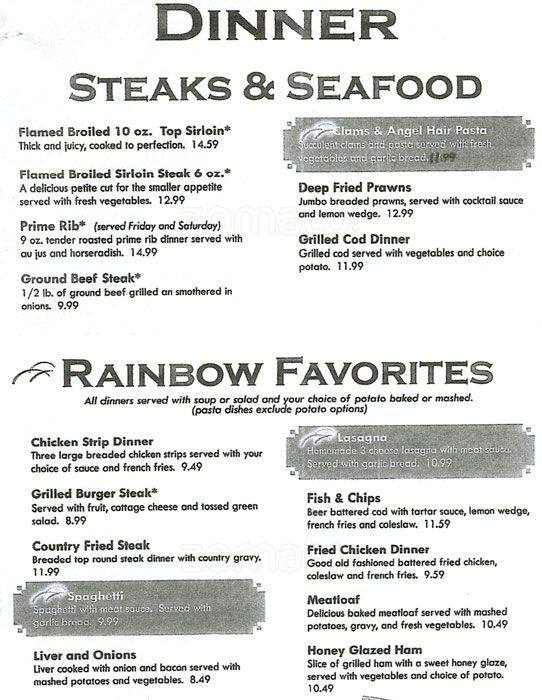 Menu at Rainbow Cafe, Auburn