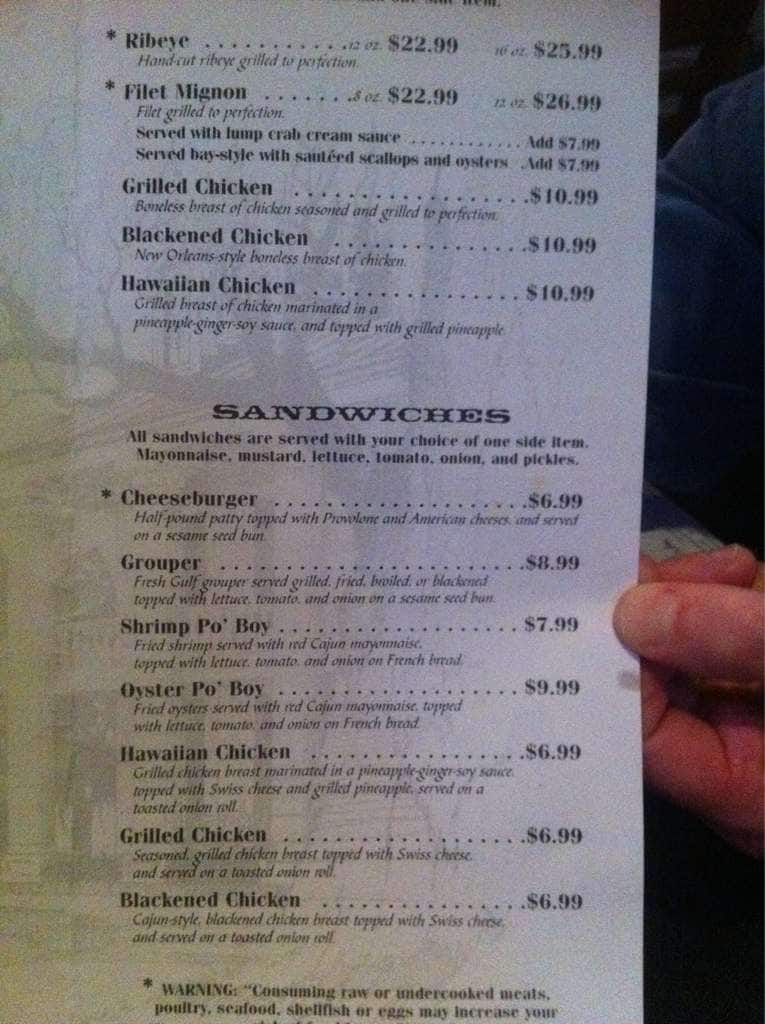 Menu at Rusty's Riverfront Grill restaurant, Vicksburg