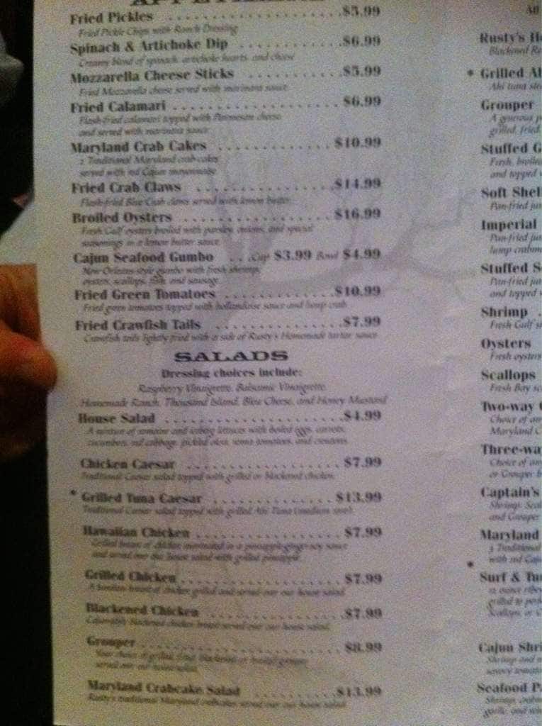 Menu at Rusty's Riverfront Grill restaurant, Vicksburg