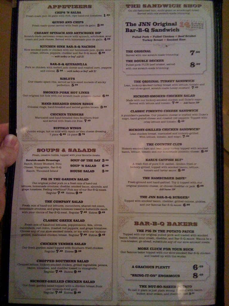 Menu at Jim 'N Nick's Bar-B-Q, Montgomery