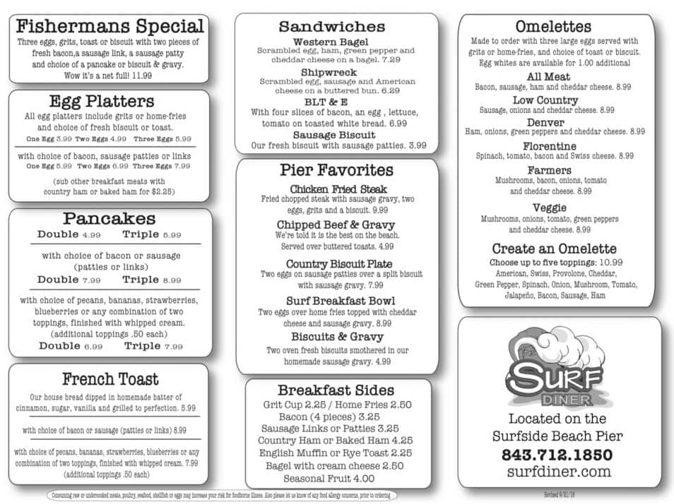 Menu at Surf Diner restaurant, Surfside Beach, 11 Ocean Blvd S