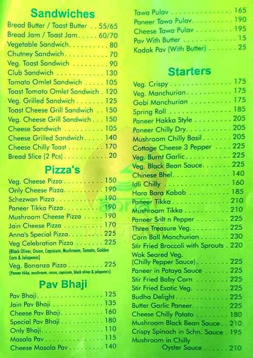 Menu of Anna Punjabi Veg Restaurant, Chakala, Mumbai