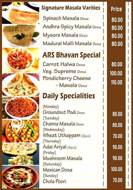 Menu at ARS Bhavan, Chennai