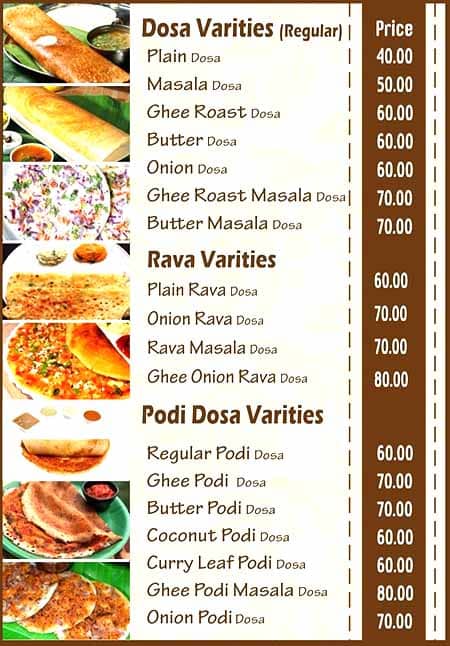 Menu at ARS Bhavan, Chennai