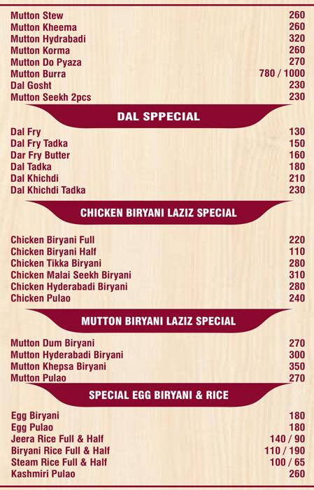 Menu at Laziz Seekh Kebab Corner, Mumbai