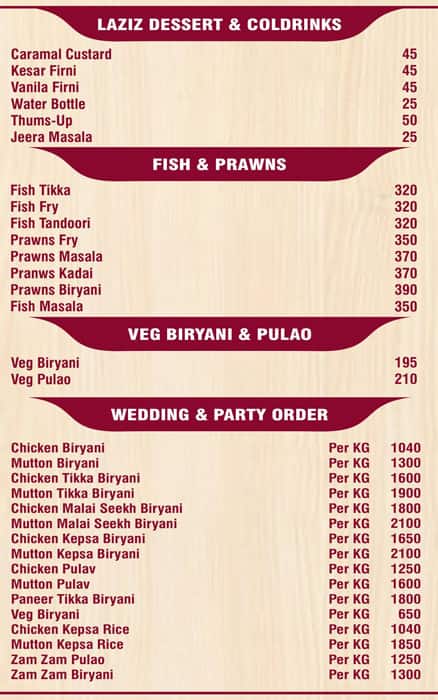Menu at Laziz Seekh Kebab Corner, Mumbai