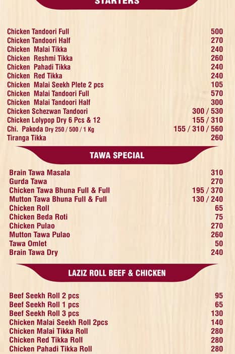 Menu at Laziz Seekh Kebab Corner, Mumbai