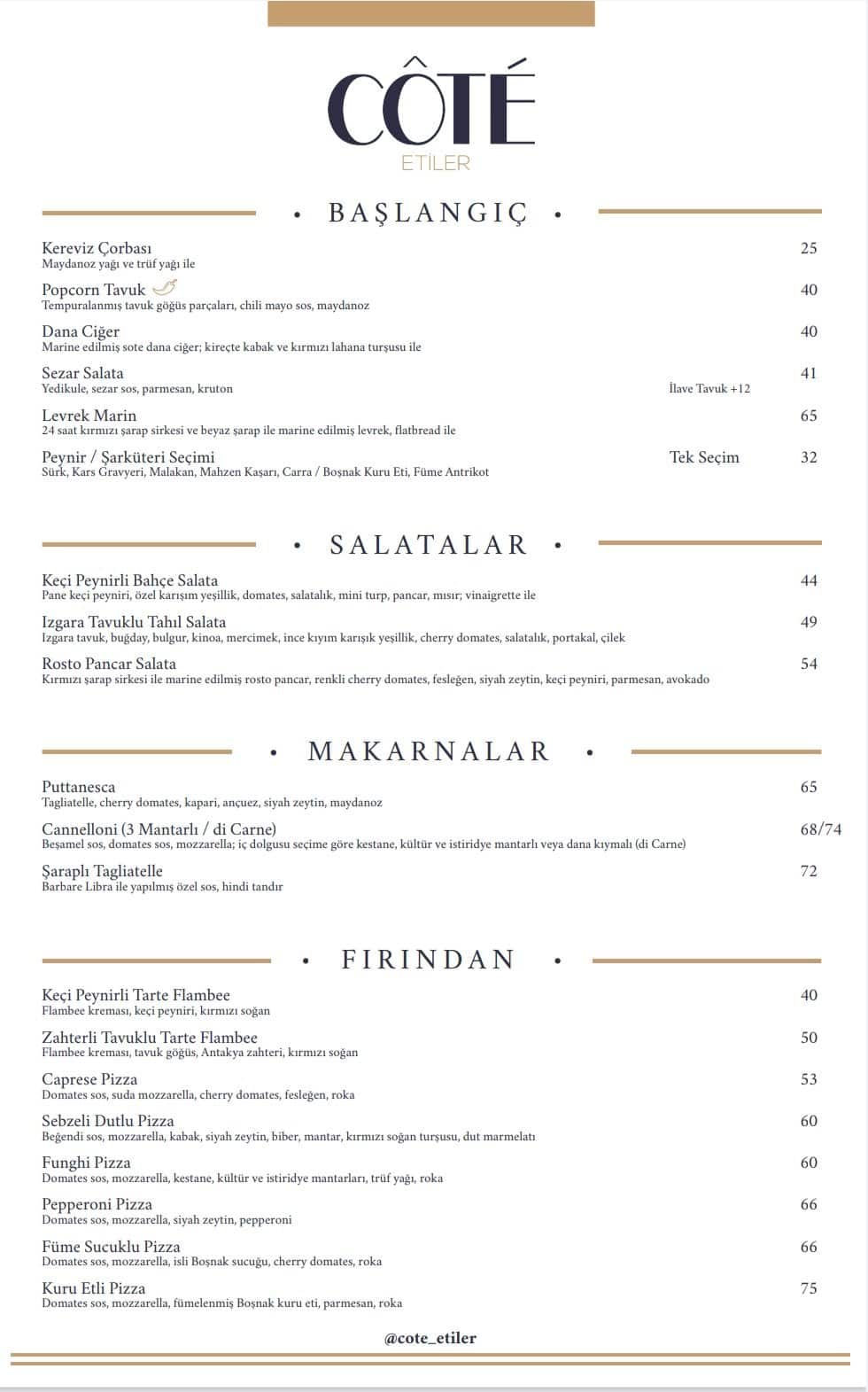 Menu at Cote, Istanbul