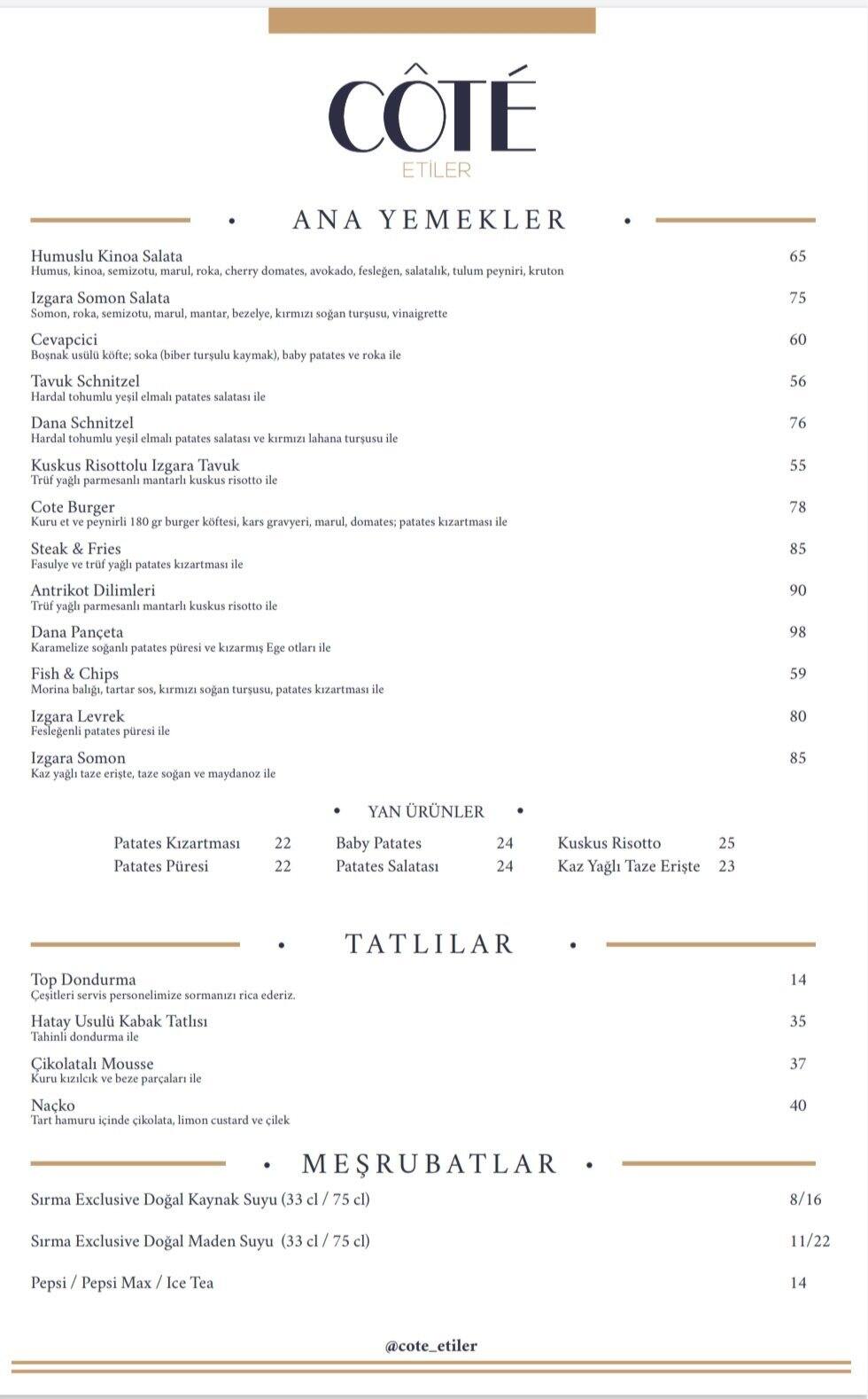Menu at Cote, Istanbul