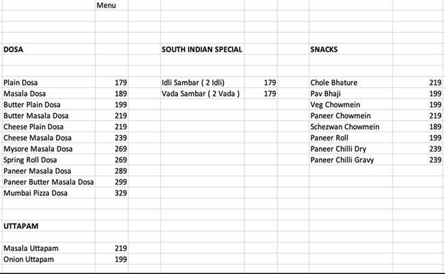 Menu of Chennai Express, Abids, Hyderabad