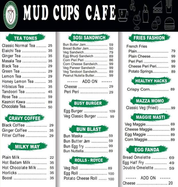 Menu of Mudcups, Varthur Main Road, Whitefield, Bangalore