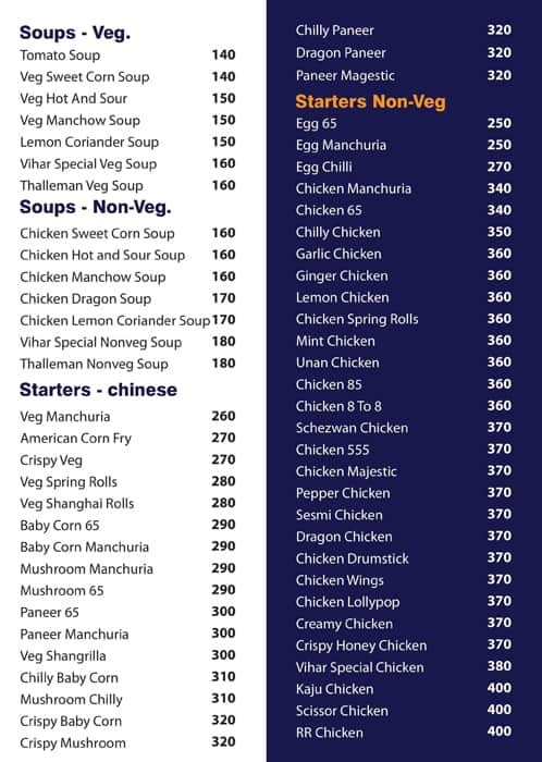 Menu of Vihar Express The Train Restaurant, Kadubeesanahalli, Bangalore