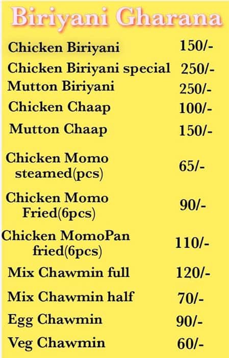 Menu of Biriyani Gharana, Chandannagar, Kolkata