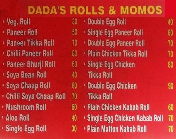 Menu at Dada's Rolls, New Delhi