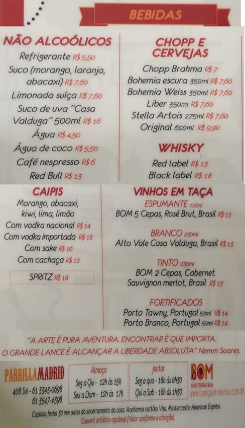 Menu em Parrilla Madrid churrascaria, Brasília