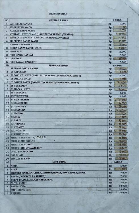 Menu at Walang Kopi (wako) restaurant, North Jakarta