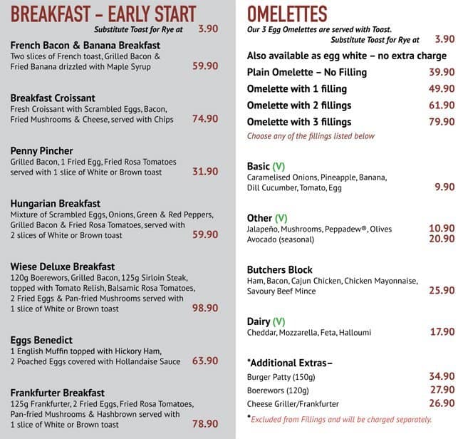 Menu au Wiesenhof café, Pretoria, Makro