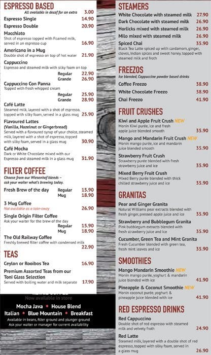 Menu au Wiesenhof café, Pretoria, Makro