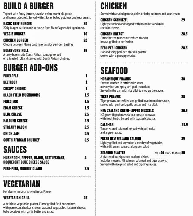 Menu at Flame Bar & Grill, Queenstown