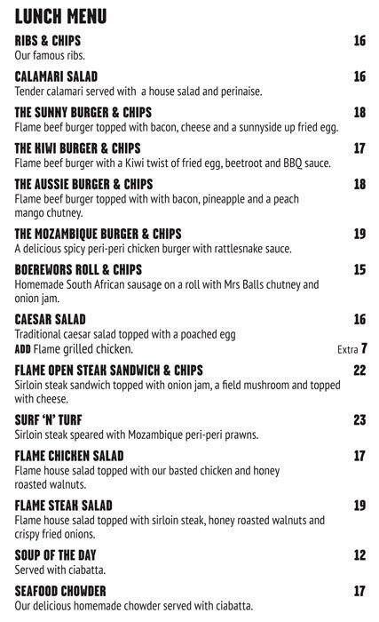 Menu at Flame Bar & Grill, Queenstown