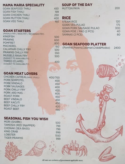 Menu at Club Titos, Baga