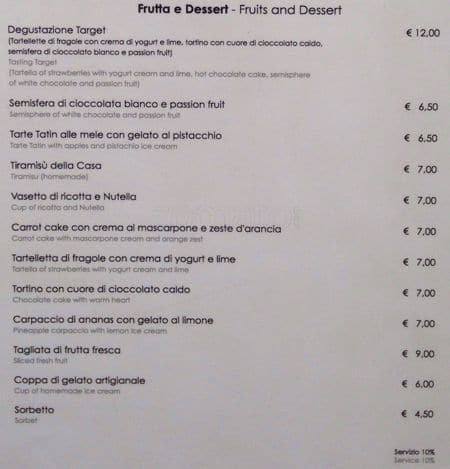 Menu at Target restaurant, Rome