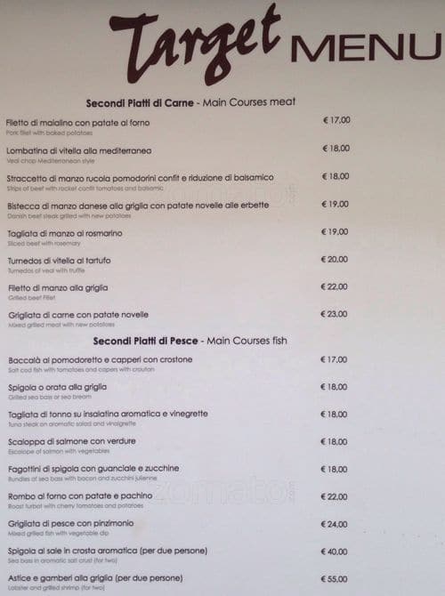 Menu at Target restaurant, Rome