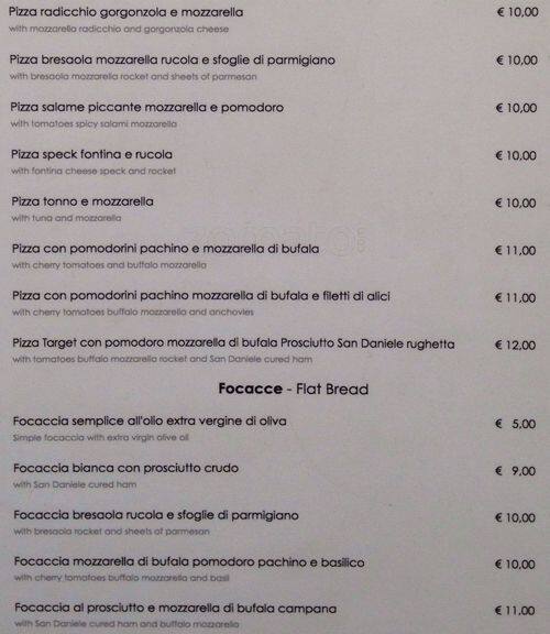 Menu at Target restaurant, Rome