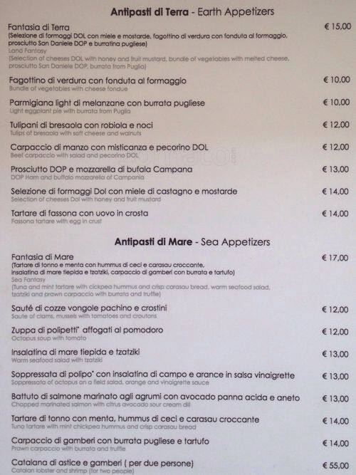 Menu at Target restaurant, Rome